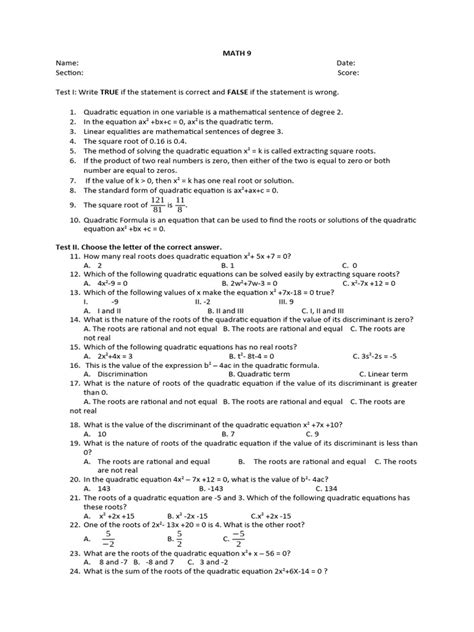 Math 9 Pdf Quadratic Equation Equations