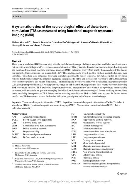 Pdf A Systematic Review Of The Neurobiological Effects Of Theta Burst Stimulation Tbs As