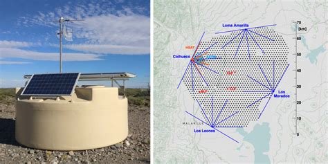 left photograph of a surface detector station of the pierre auger