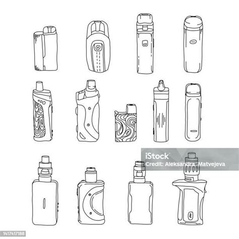 전자 담배 Vape Vape 도구 벡터 세트 선형 스타일로 손으로 그린 다양한 유형의 전자 담배 광고 브로셔 배너 및 포스터를 디자인합니다 전자담배에 대한 스톡 벡터 아트