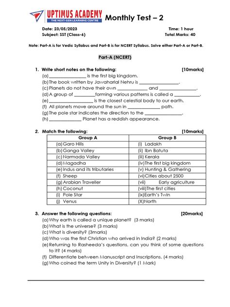 Sst Class 6 Monthly Test 2 Pdf Astronomy