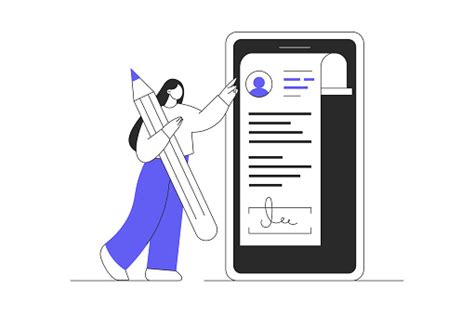 온라인 계약 디지털 서명 파트너십 및 협력 여성이 양식을 작성하고 모바일 애플리케이션을 통해 문서에 서명합니다 플랫 만화 벡터 일러스트 레이 션 아이콘 웹사이트를 위한