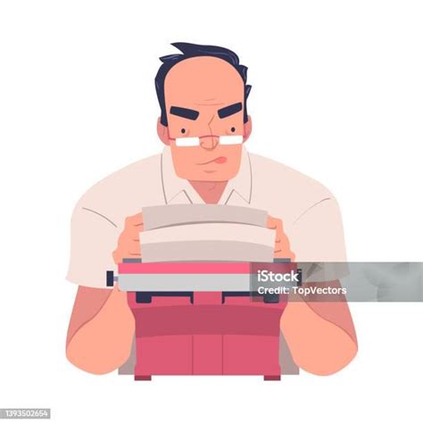 타자기의 안경에 등장하는 남자 작가 캐릭터 창조적 인 문학 작품에 종사하는 책 쓰기 벡터 일러스트 레이 션 문학에 대한 스톡 벡터 아트 및 기타 이미지 Istock