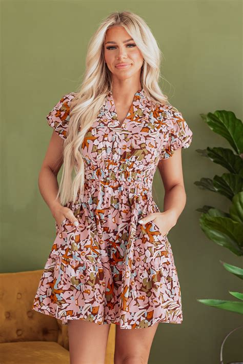 1165 Pink Floral Print Puff Sleeve Shirred High Waist Mini Dress