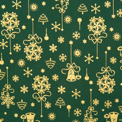 Green Christmas Fabric Metallic Gold Decorations Snowflakes Fabric By