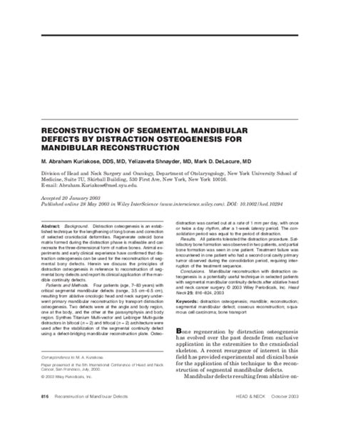 Pdf Reconstruction Of Segmental Mandibular Defects By Distraction