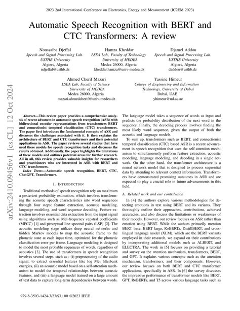Pdf Automatic Speech Recognition With Bert And Ctc Transformers A Review