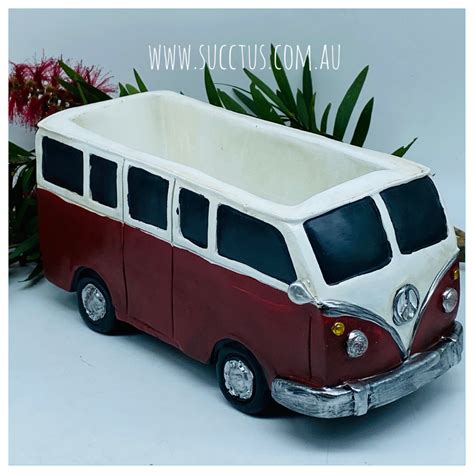 Retro Vw Van Planter Red With Drainage 23cm Length Resin Succtus