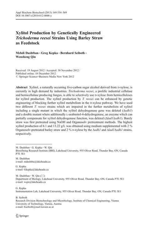 Pdf Xylitol Production By Genetically Engineered Trichoderma Reesei Strains Using Barley Straw