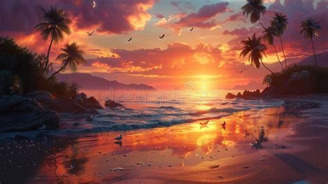 The Setting Sun Casts A Fiery Glow On The Ocean And Beach In This