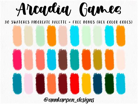 Arcadia Games Procreate Palette 30 Hex Color Codes Swatches Bright Retro Color Palette