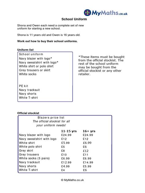 Worksheet For Math Problem Solving Schooluniform Pdf Uniforms Dress Codes