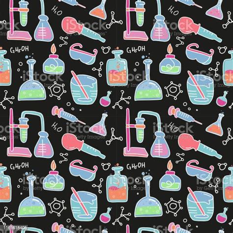 장식 색상 손으로 그린 화학 실험실 과학 실험 장비 격리 벡터 일러스트의 원활한 패턴 검은 색 배경에 낙서 스타일의 플라스크 세트입니다 아이의 화학 과 과학 검사 보기에