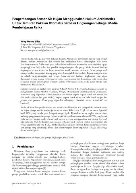 Pdf Pengembangan Sensor Air Hujan Menggunakan Hukum Archimedes Untuk Jemuran Pakaian Otomatis