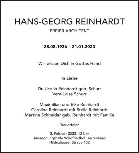 Traueranzeigen Von Hans Georg Reinhardt Stuttgart Gedenkt De