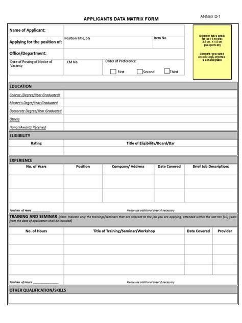 Applicants Data Matrix Form Name Of Applicant Applying For The