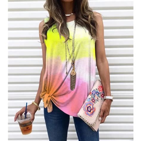 여성 Sunmmer 느슨한 민소매 T 셔츠 그라데이션 타이 염색 인쇄 탑 여성 숙 녀 캐주얼 블라우스티셔츠 Aliexpress