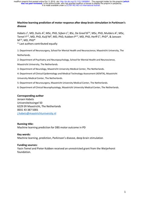 Pdf Machine Learning Prediction Of Motor Response After Deep Brain Stimulation In Parkinsons