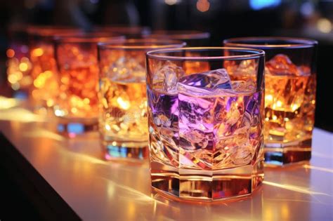 Elegant Alcoholic Beverages In Varied Colors With Ice Cubes On A Bar