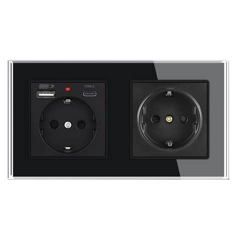 Розетка электрическая 2 поста с Usb Type C и розеткой Eu 220 С индикатором 5В 2 1А черный