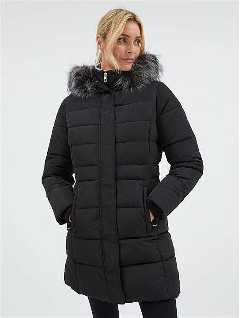 Black Faux Fur Hooded Longline Padded Coat Women George At Asda