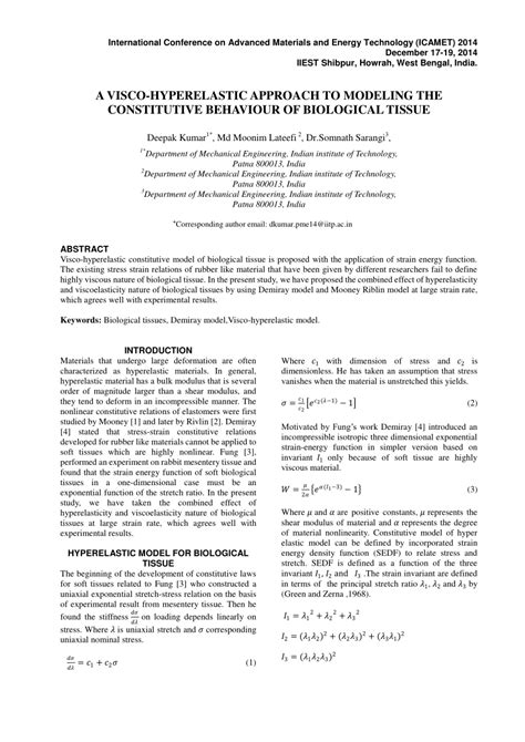 Pdf A Visco Hyperelastic Approach To Modeling The Constitutive
