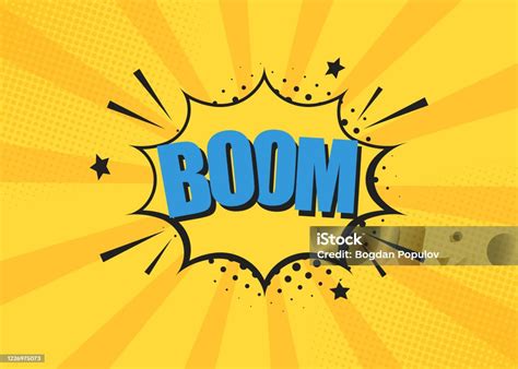 구름 하프 톤 효과와 광선 노란색 색상의 붐 만화 만화 만화 책 풍선입니다 슈퍼히어로에 대한 스톡 벡터 아트 및 기타 이미지 슈퍼히어로 구름 기포 Istock