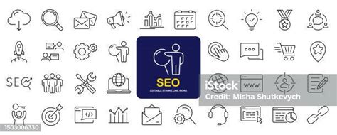 선 스타일의 웹 아이콘의 Seo 최적화 세트 검색 엔진 최적화 비즈니스 트래픽 최적화 대상 웹 및 모바일 앱에 대한 검색 엔진