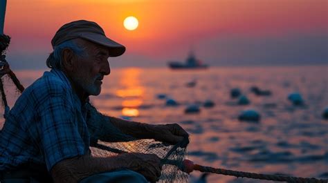 Um Pescador Senta Se Na Borda De Seu Barco Consertando Suas Redes O Sol