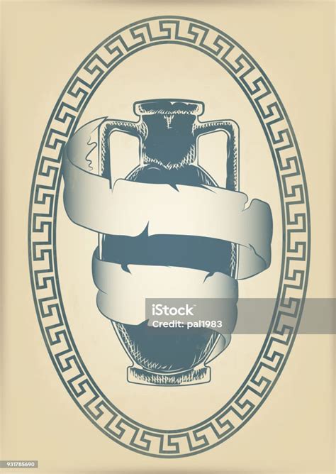 와인 오일 액체는 고 대 그리스 앰 포 라의 벡터 일러스트 스케치는 쓰기 양피지의 리본 함께 짝을 이루고 타원형 그리스어와 양피지의 배경 장식 0명에 대한 스톡 벡터 아트