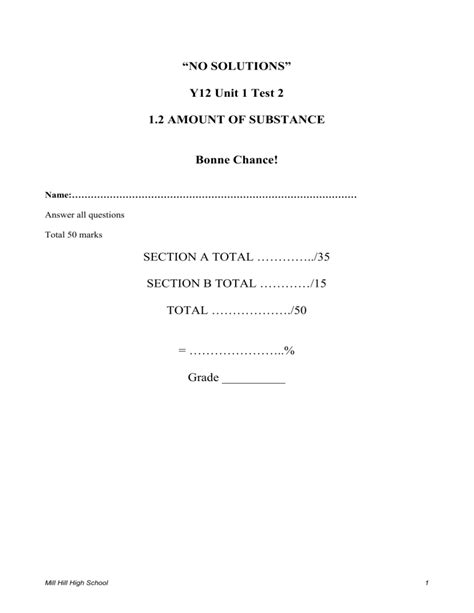 Y12 Chemistry Test Amount Of Substance