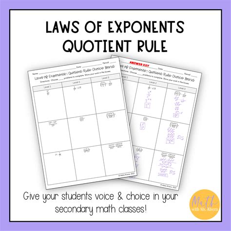 Exponent Rules Practice Quotient Rule Worksheet Choice Board For