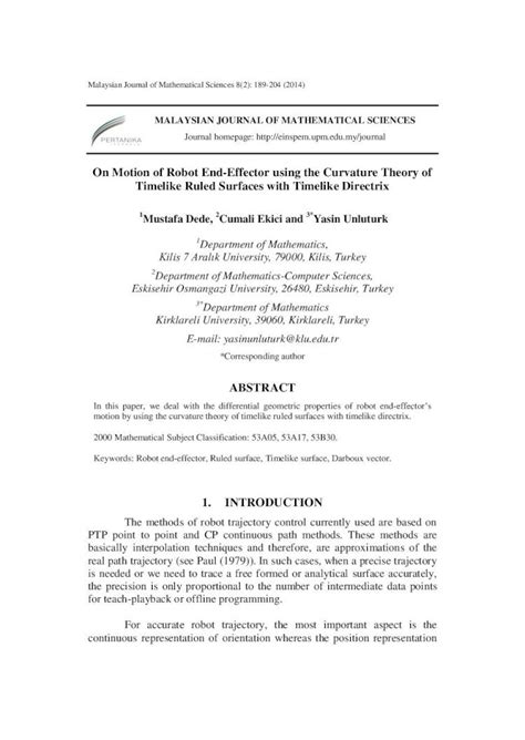 pdf on motion of robot end effector using the curvature theory of