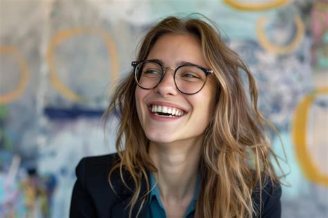A Woman With Long Brown Hair And Glasses Is Smiling Premium Ai