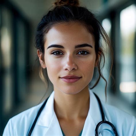 Portrait Of A Young Female Doctor Wearing A White Coat With Stethoscope