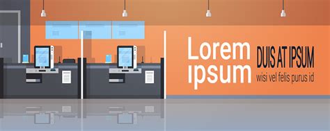 셀프 서비스 기계 결제 터미널 윈도우 금융 개념 장비 현대 은행 사무실 인테리어 가로 배너 복사 공간 플랫 은행 행 건강관리와 의술에 대한 스톡 벡터 아트 및 기타 이미지