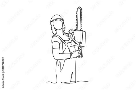 Single One Line Drawing Strong Woman Lumberjack Cutting Big Logs With