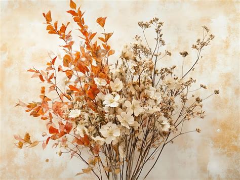 A Bouquet Of Dried Wildflowers And Leaves Arranged Against A Soft Beige