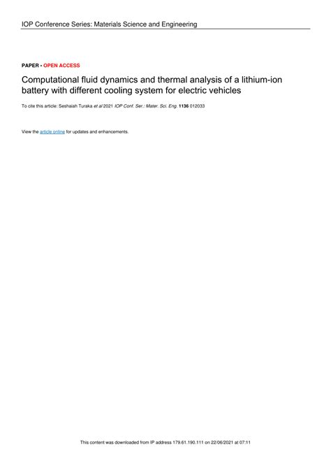 Pdf Computational Fluid Dynamics And Thermal Analysis Of A Lithium Ion Battery With Different
