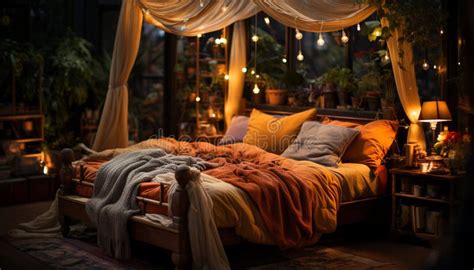 Cozy Modern Bedroom With Illuminated Electric Lamp And Comfortable Bed Generated By Ai Stock
