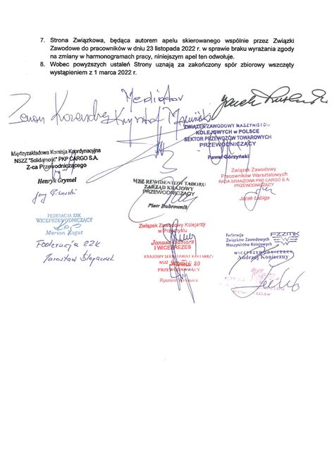 Zarząd PKP CARGO S A i związki zawodowe działające w spółce podpisały porozumienie