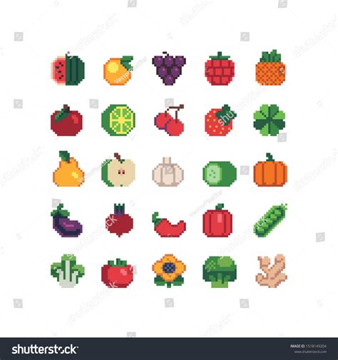 Fruits Vegetables Pixel Art Icons Set Stock Vector Royalty Free