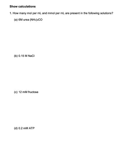 Solved Show Calculations How Many Mol Per ML And Mmol Per Chegg Com