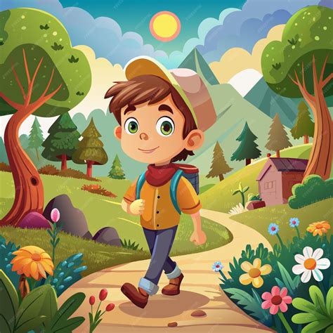Un Niño Con Una Mochila Camina Por Un Camino Con Una Montaña En El