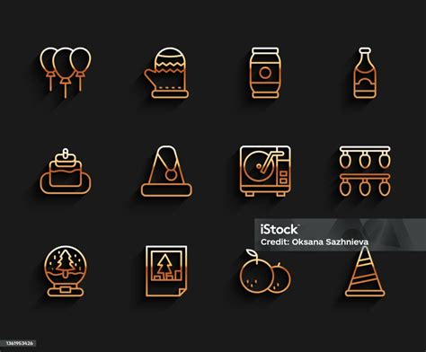 세트 라인 크리스마스 스노우 글로브 엽서 리본 풍선 귤 파티 모자 산타 클로스 조명 및 비닐 플레이어 비닐 디스크 아이콘 벡터 검은색에 대한 스톡 벡터 아트 및 기타 이미지