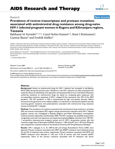 Pdf Prevalence Of Reverse Transcriptase And Protease Mutations Associated With Antiretroviral