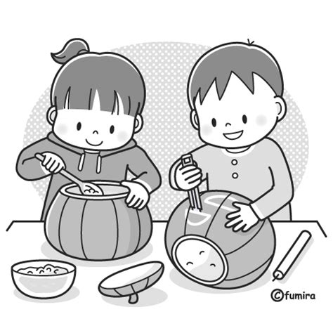 ハロウィン・工作・ジャック・オー・ランタンを作る子どもたちのイラスト（モノクロ）