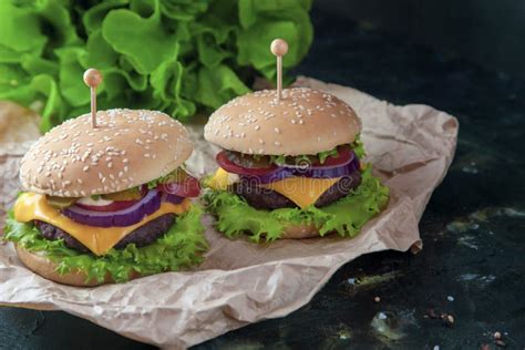 Two Hamburger With Cutlet Grilled Lettuce Tomato Cheese Cucumber On