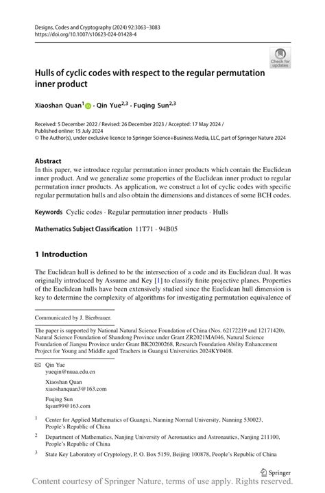 hulls of cyclic codes with respect to the regular permutation inner product request pdf