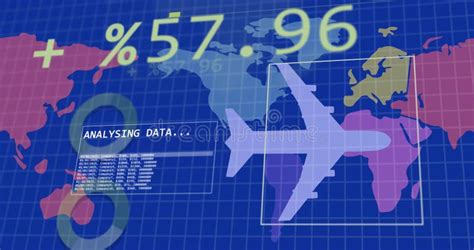 image of diagrams and data processing over world map and plane stock